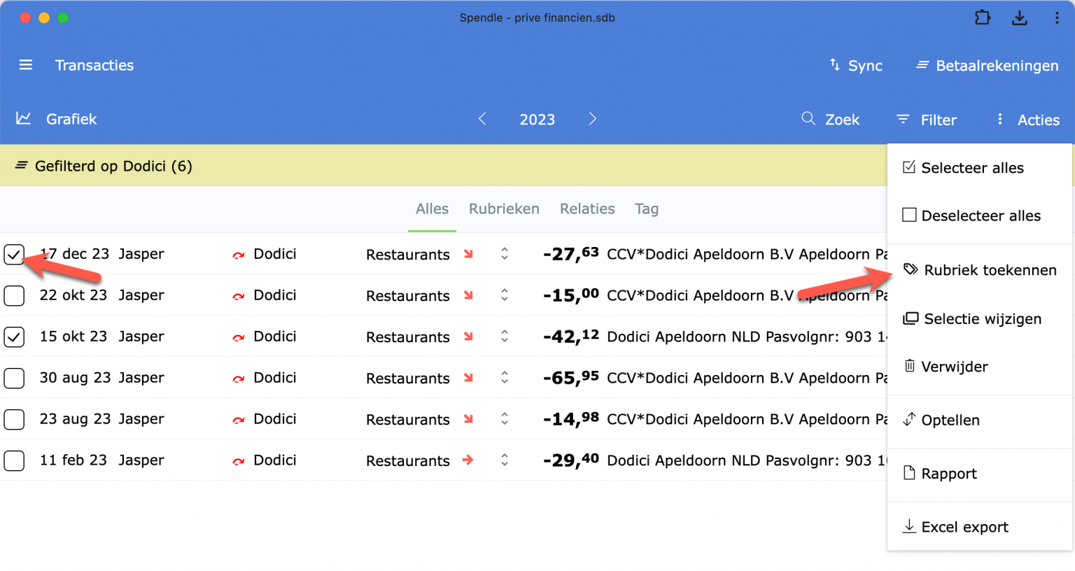 Werken met transactie selecties – Spendle